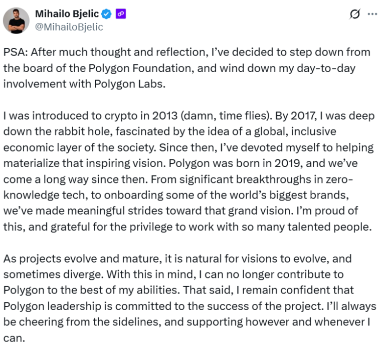 Polygon Co-Founder Mihailo Bjelic Steps Down. What's Next ? | CoinGape